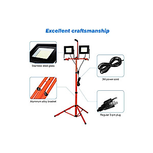 Juyace Led Work Light 100W 10000LM 5000K Daylight White Work Lights with Stand Rotatable Twin-Head & Telescopic Metal Tripod Portable Led Flood Light Indoor/Outdoor IP65 Waterproof