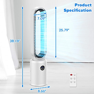 Cobuy Bladeless Tower Fan with Remote, Air Circulator Cooling Fan for Indoor Use, 24 Speeds Settings, 12 Timer, Quiet Oscillating Fan for Home Bedroom, Silver