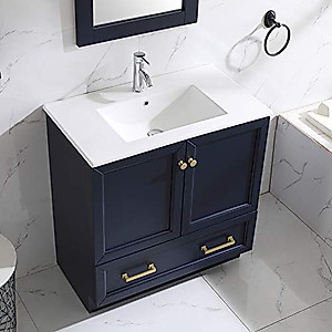 walsport Bathroom Vanity with Sink 32" Navy Cabinet White Undermount Ceramic Vessel Sink Vanities Set Chorme Faucet Drain with Mirror