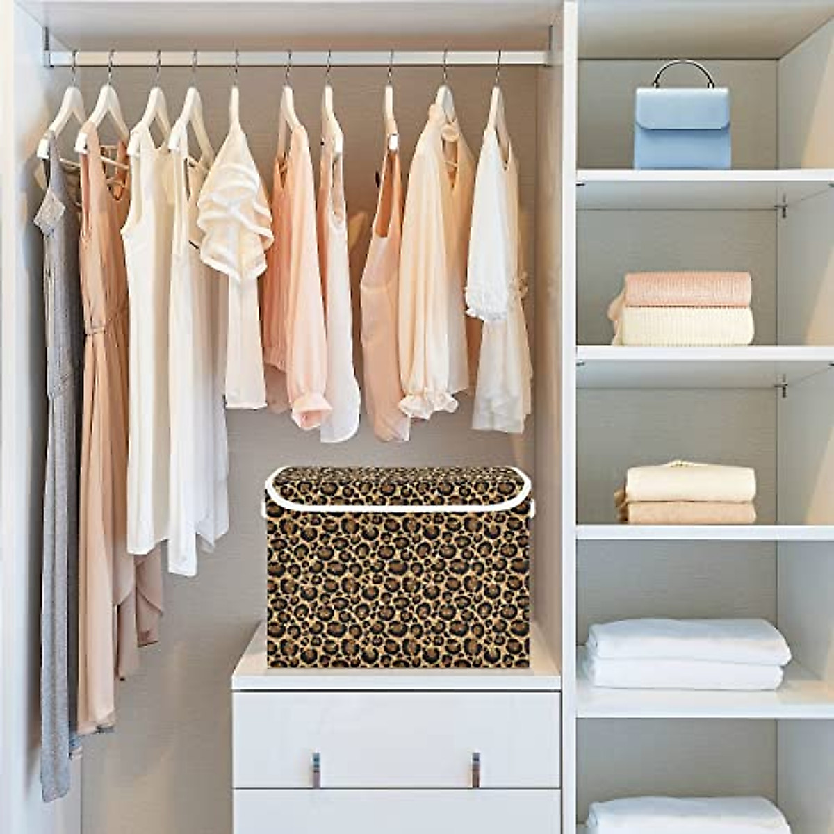 DOMIKING Fashion Leopards Large Storage Bin with Lid Collapsible Shelf Baskets Box with Handles Toys Organizer for Nursery Drawer Shelves Cabinet