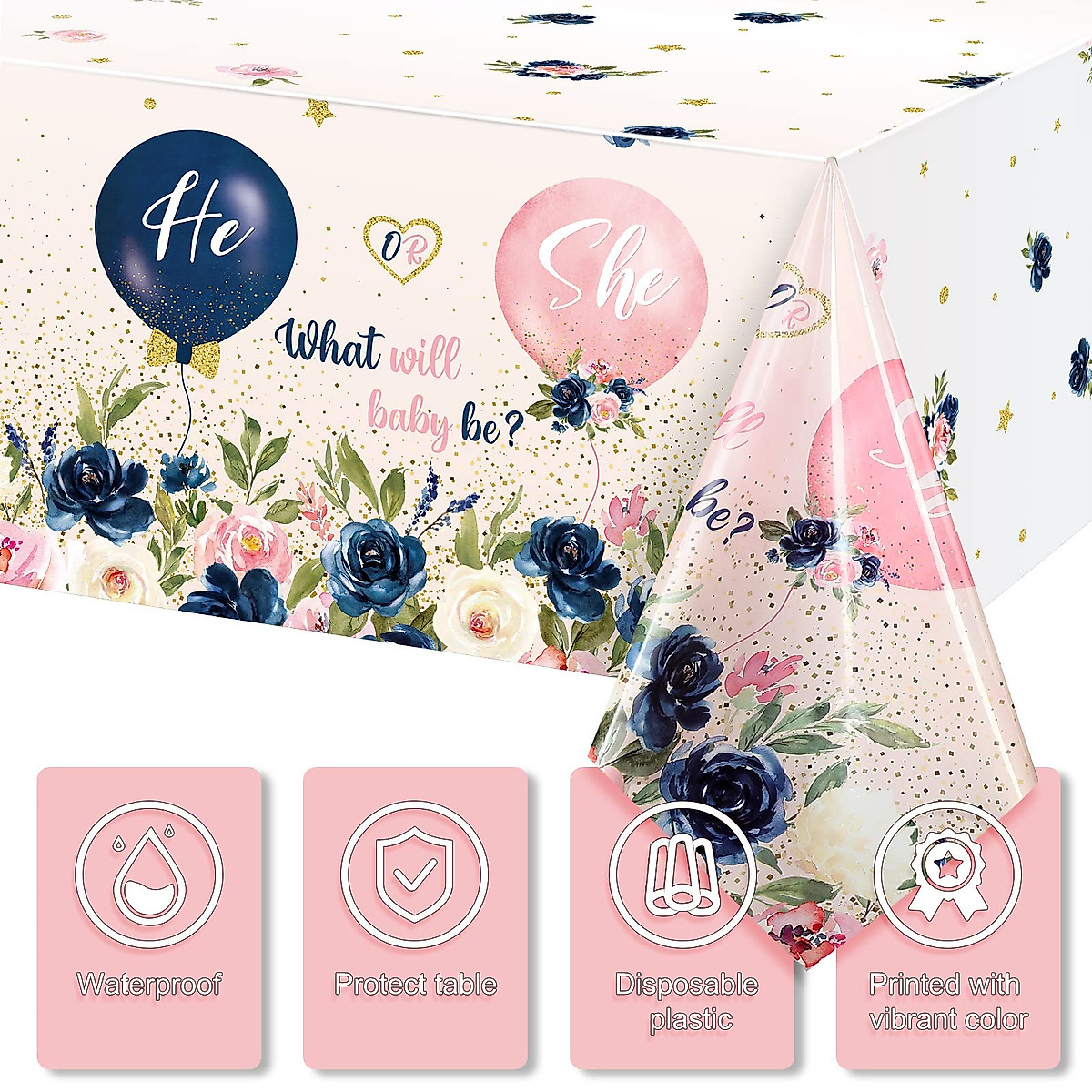 3 Pieces Gender Reveal Tablecloths Boy or Girl Table Cover Balloons and Floral Print Plastic Tablecloth Navy and Pink Table Cover for He or She Baby Shower Gender Reveal Party Decorations Supplies