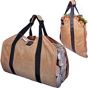 BCHWAY Firewood Carrier with Handles – Waxed Canvas Log Tote Zippers for Using as Shopping Bag - Wood Best Carrying at Home or Camping, Brown, Style A (FC-001)