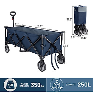 TIMBER RIDGE 51.2'' Extended Collapsible Wagon Cart with Cargo Net, 350LBS Heavy Duty Foldable Utility Wagon with Adjustable Handle, 250L Capacity Portable Cart for Camping Sports Shopping, Blue
