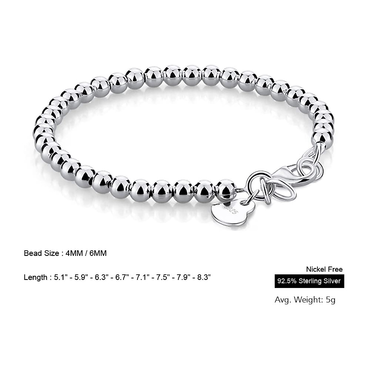 Meilanduo 925 Sterling Silver Women's 4MM-6MM Italian Bead Ball Chain Bracelet, Handmade Bead Italian Bracelet, Lobster Claw Clasp - Sizes 5.1" to 8.3" Inch - (Silver-Tone, 4mm 7.5")
