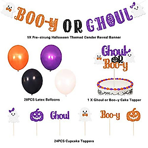 Halloween Gender Reveal Decorations Kit Boo-y or Ghoul Baby Shower Party Banner Cake Cupcake Topper Purple Orange Balloons Fall Boy Or Girl October Sex Announcement Ideas Favor Supplies