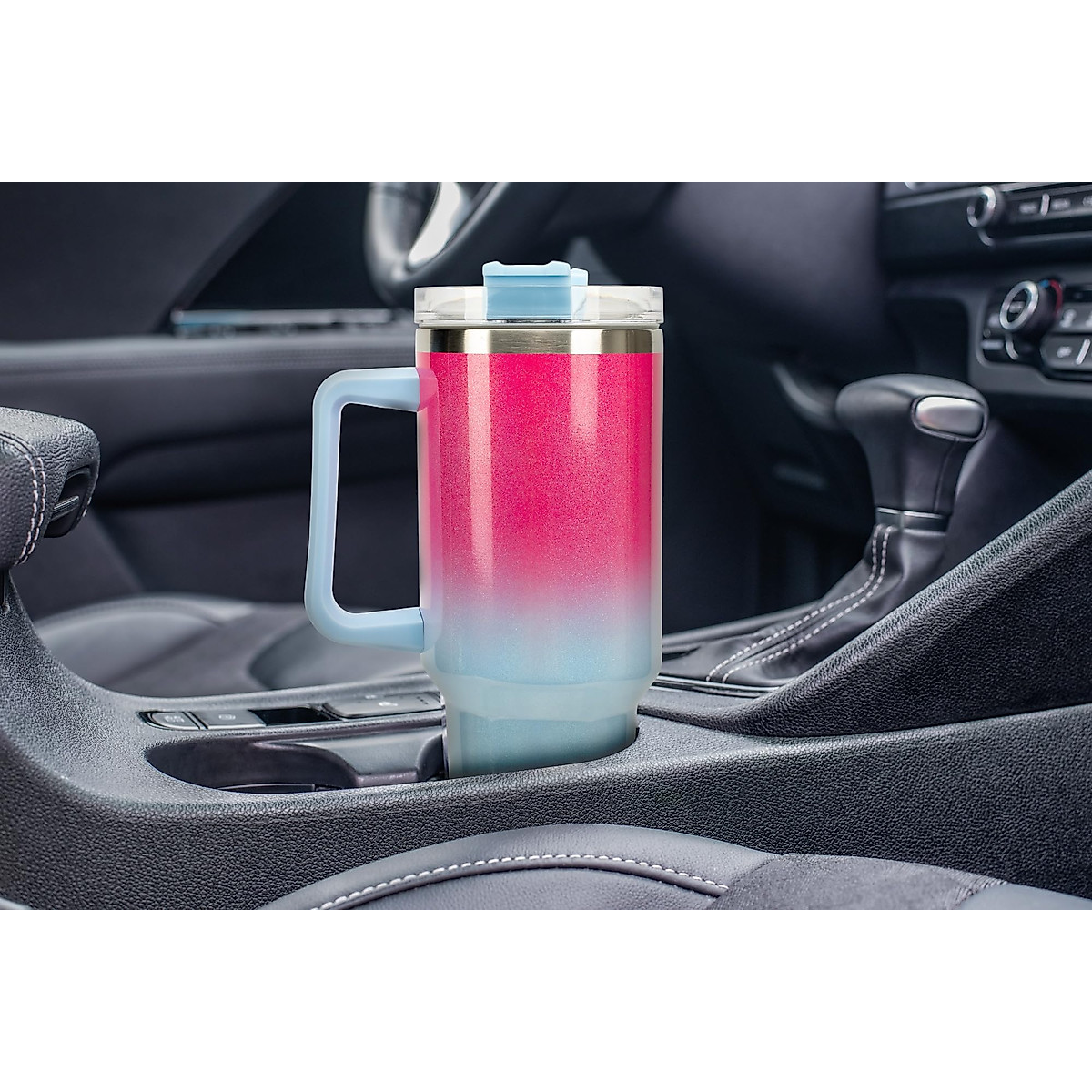 Elanze Designs Elephant Strength Loyalty Animal Traits 40 oz. Stainless Steel Large Water Bottle Coffee Mug Spill & Leak Resistant, Thermal Travel Tumbler with Handle Lid & Straw, Hot Pink & Sky Blue