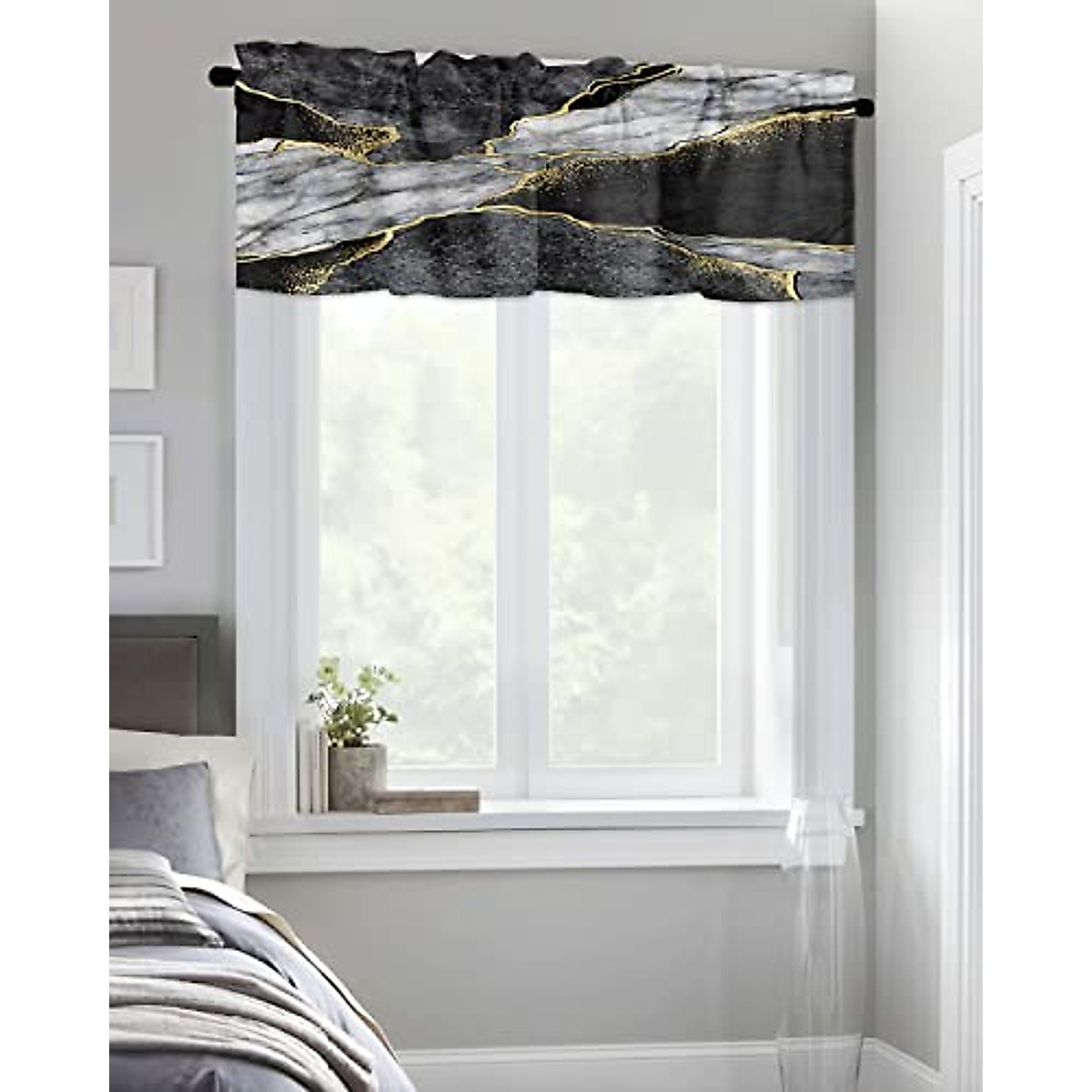 Kitchen Cafe Valance Curtain for Small Windows,Black White Marble with Gold Stripe Rod Pocket Short Blackout Curtains,Abstract Stone Agate Texture Window Treatment for Living Room Bedroom Bathroom