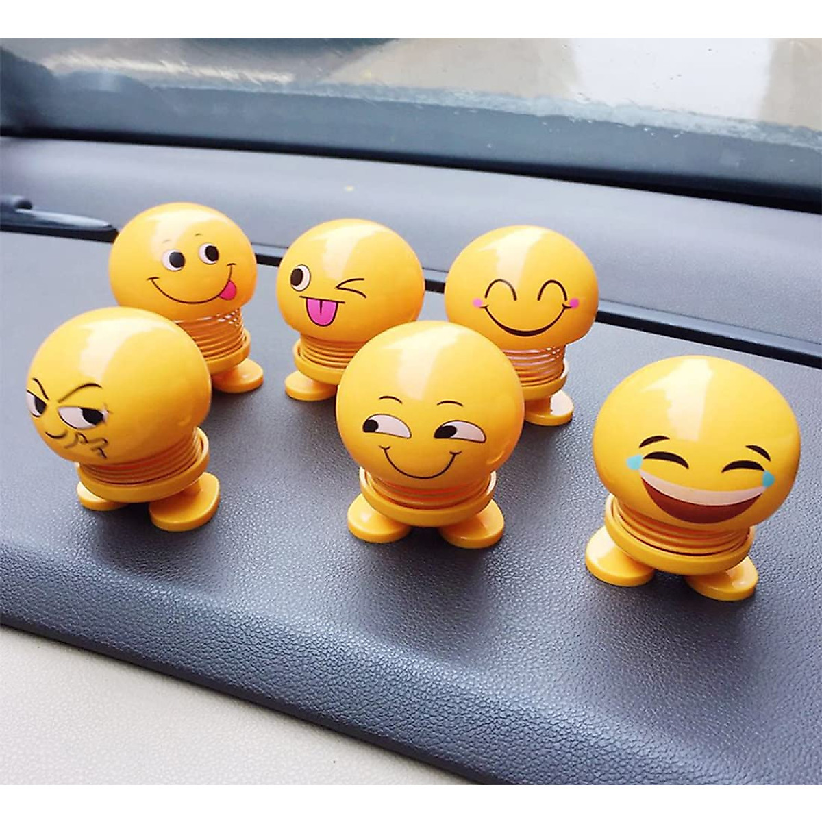 6PCS Smiley Face Emoticon Doll Bobble Head Car Ornament Car Bobble Head Small Jewelry Home Office Cute Smiley Face Emoticon Ornament Decorations Soothe Emotions Release Stress