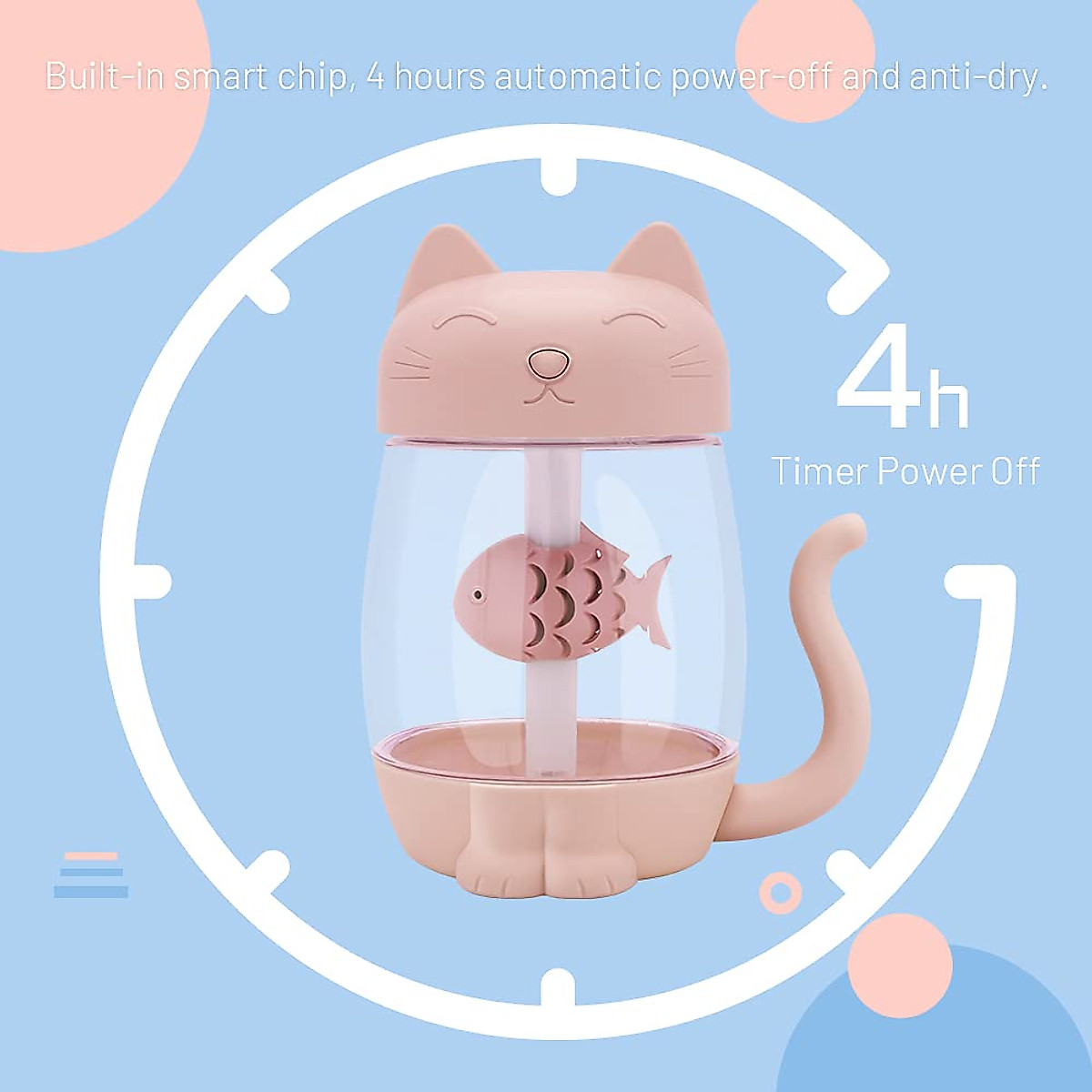 USB Cat Cool Mist Humidifier, 3 in 1 350ml Polyme Water Mist Mode & Auto Shut-Off, Vency Baby Humidifier with 6 Color LED Lights Changing, for Home Car Office, Air Humidifier with Small Fan(Pink)