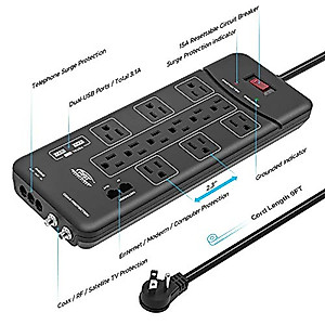 CRST 12-Outlet Surge Protector Power Strip 4050Joules, with USB(3.1A) Ethernet, Cable,Telephone and TV Coaxial Protection, Flat Plug 9-FT Long Cord (Black)