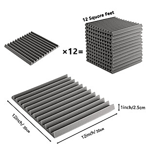 Sound Proof Foam Panels for Walls: 12 pcs Acoustic Foam Panels with Double Side Adhesive Sticker for Studio Recording Office Bedroom Home Theaters 1 X 12 X 12 Inches (Triangle Gray)