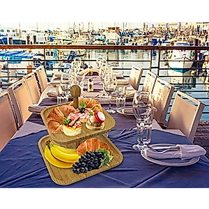 Decorative 2-Tier Square Bamboo Serving Tray with Wooden Handle - Cupcake Stand - Home Decor for Kitchen Counter, Dining Room Table, and Coffee Bar - 9.5" x 9.5" x 10"