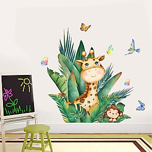 Green Plants Wall Decals Tropical Leaves Giraffe Wall Stickers Lettering Motivational Stickers for Bedroom Living Room Nursery Bathroom Classroom Playroom Home Decor (Animal)