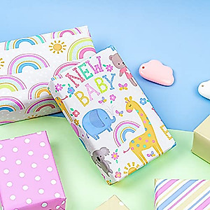 WRAPAHOLIC Reversible Baby Shower Wrapping Paper - Mini Roll - 3 Rolls - 17 Inch X 120 Inch Per Roll - Solid Green, Polka Dot, Stripes, Rainbows, Cute Animals & New Baby Lettering