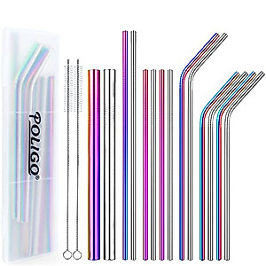 POLIGO 16pcs Reusable Stainless Steel Straws, Colorful Rainbow Drinking Straws, Iridescent Metal Straws with Portable Case and Cleaning Brushes for 20, 30 Oz Yeti Tumbler, Smoothies and Bubble Tea