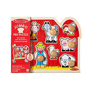 Melissa & Doug Farm Animals Jumbo Knob Wooden Puzzle - Wooden Peg Chunky Baby Puzzle, Preschoool Learning, Knob Puzzle Board For Toddlers Ages 1+