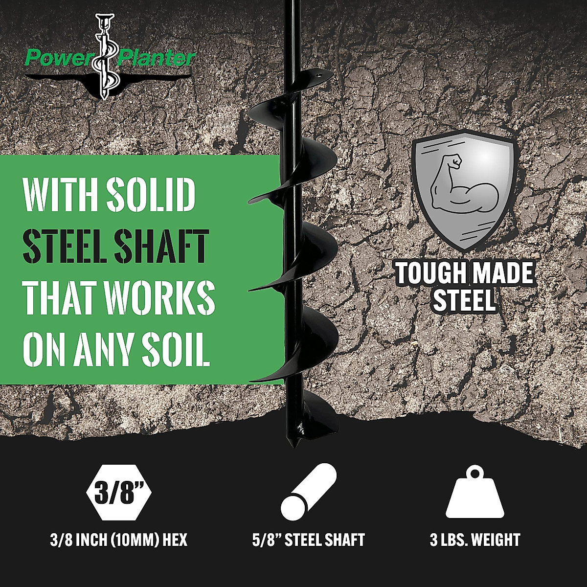 Power Planter 100% USA Made 3"x24" Extended Length Bulb & Bedding Plant Auger with 1/2" Non-Slip Hex Drive