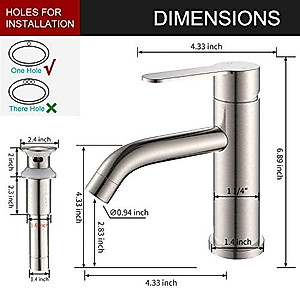 AMAZING FORCE Single Handle Bathroom Faucet Brushed Nickel Bathroom Sink Faucet Single Hole with Pop Up Drain Assembly 1.2 GPM