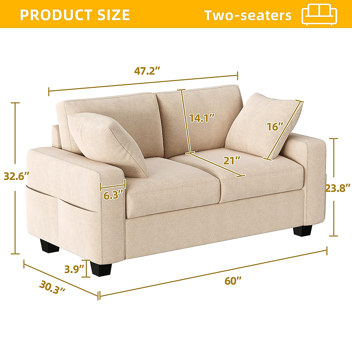 DWVO 60" Sofa, Comfy Upholstered Sofa Couch with Extra Deep Seats, Modern Loveseat for Living Room Apartment Office, Fabric 2 Seater Couch with Side Pockets, Easy Assembly, Beige Chenille