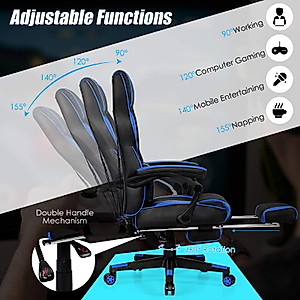 Goplus Massage Gaming Chair, Reclining Backrest, Seat Height Adjustment Racing Computer Office Chair with Footrest, Ergonomic High Back PU Swivel Game Chair (Blue)