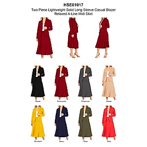 Two Piece Solid Long Sleeve Casual Blazer Relaxed A-Line Midi Skirt Black M