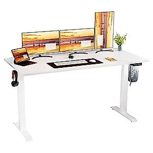 Meilocar Height Adjustable Electric Standing Desk, Sit Stand Computer Desk with Memory Controller, Home Office Workstation Stand up Desk with Splice Board, 63" x 24" Tabletop (White Top + White Frame)