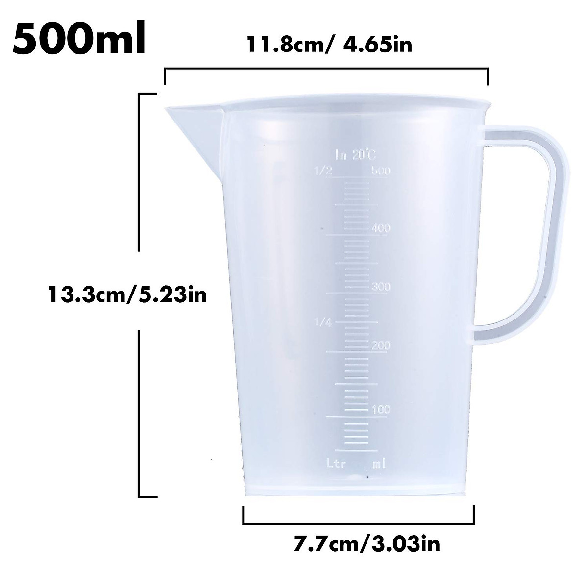 Young4us 3 Pack Tall Form Graduated Pitcher Set, 500ml 250ml 100ml Polypropylene PP Plastic Beakers, Graduated Scales, Balanced Handle, Spout