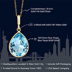 Gem Stone King 8.00 Cttw 14K Yellow Gold Blue Topaz Pendant Necklace | Pear Shape 16X12MM | Gemstone Birthstone | Gold Necklace for Women | With 18 Inch Chain