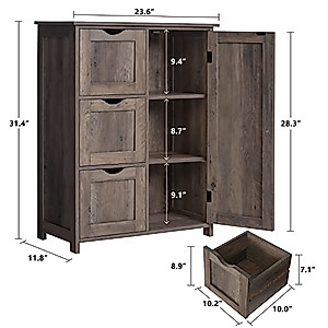 Iwell Floor Storage Cabinet with 1 Door & 3 Large Drawers, Wooden Storage Cabinet with Adjustable Shelf for Living Room, Office, Kitchen, Rustic Oak