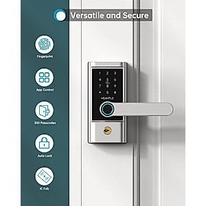Smart Lock Keyless Entry Door- HEANTLE Fingerprint Bluetooth Electronic Lever Touchscreen Keypad Deadbolt Alternative Digital Handle for Front Door Auto Lock Compatible with Alexa Silver