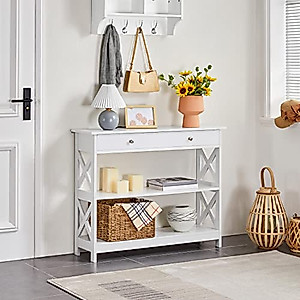 Yaheetech 3-Tier Entryway Table White Console Table with Drawer and 2 Storage Shelves, Wood Narrow Sofa Table for Entryway/Hallway/Living Room, 39.5in L x 12in W x 31.5in H