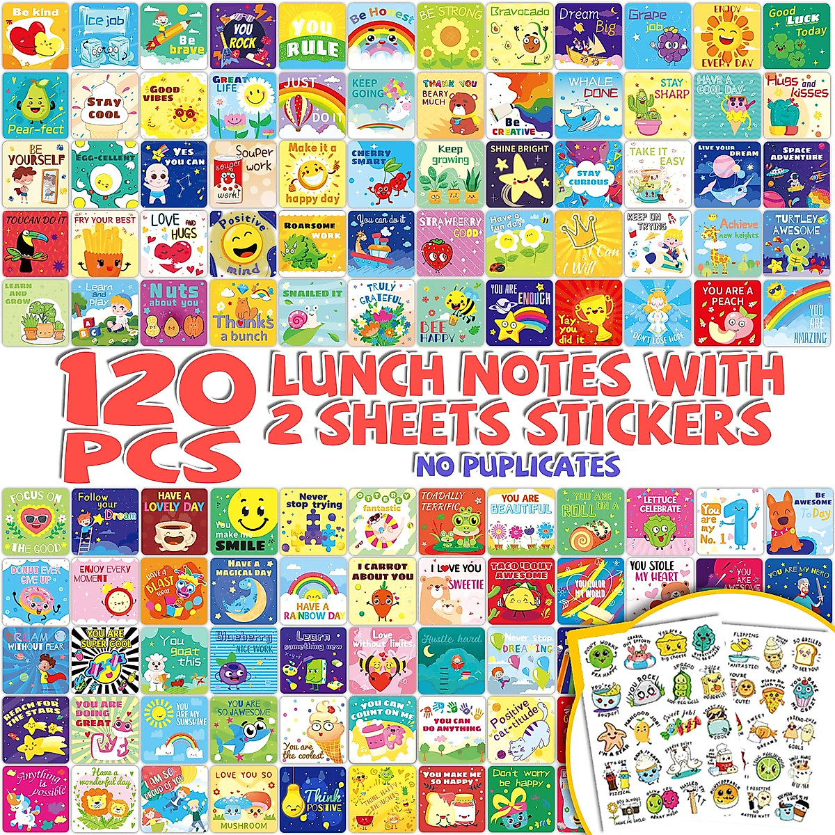 YTSQLER Lunch Box Notes for Kids, 120 Motivational Inspirational Lunch Notes Cards for Kids Girls Boys with Punny Reward Stickers, Thinking of You Cards Kids Lunch Accessories School Supplies