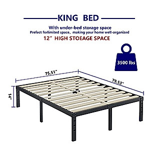 ZIYOO King Size Bed Frame 14Inches High 3 Inches Wide Wood Slats with 3500 Pounds Heavy Duty Support for Foam Mattress, No Box Spring Needed, Easy Assembly, Noise Free