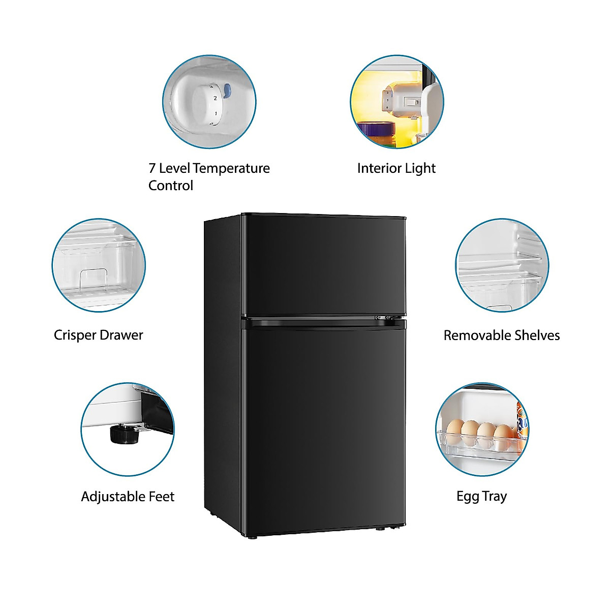 Saeoola Mini Fridge with Freezer, 3.2 Cu.Ft, 2 Doors Compact Mini Refrigerator with Separate Freezer for Dorm, Bedroom, Office, Apartment with 7-Level Temperature Control, Removable Shelves (Black)