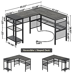 Unikito L Shaped Computer Desk with USB Charging Port and Power Outlet, Reversible L-Shaped Corner Desk with Storage Shelves, Industrial 2 Person Long Gaming Table Modern Home Office Desk, Black Oak