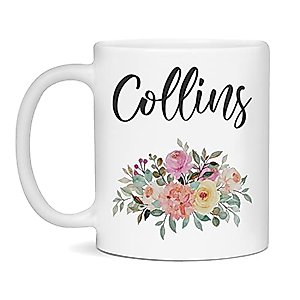 Custom personalized name Collins mug gift floral flower arrangment, 11-Ounce White