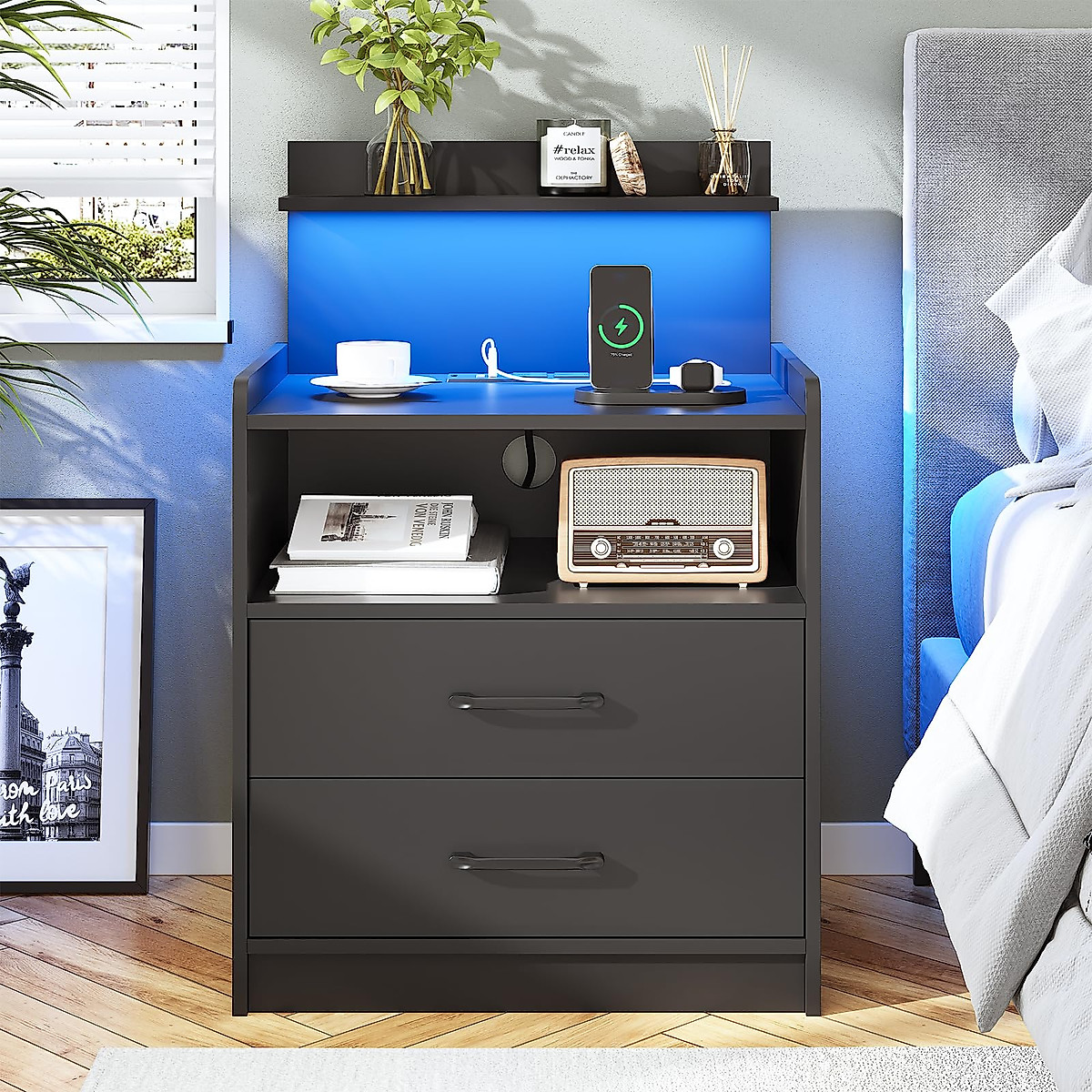 Night Stand, Nightstand with Charging Station, LED Bedside Table with Drawers and Storage Shelf, Modern Wood End Table Side Table for Bedroom, Black