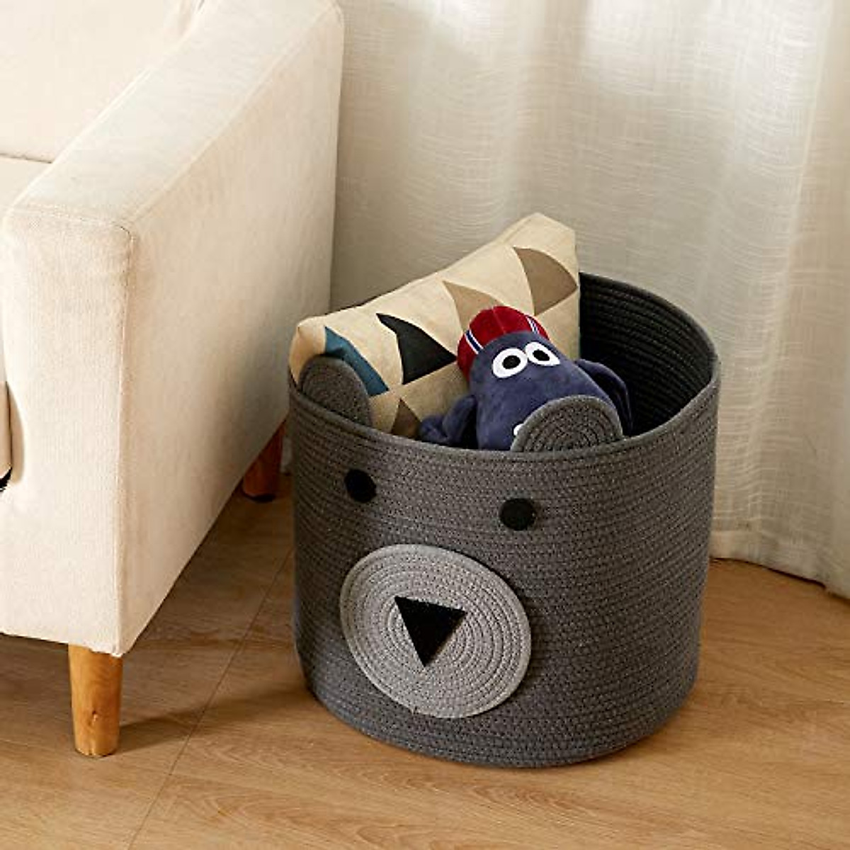 COMEMORY Cotton Rope Storage Basket with Cute Bear Design, Foldable Rope Bin Basket, Decorative Animal Basket for Toys, Blanket, Towels, Clothes, 12"(D) x 10"(H)