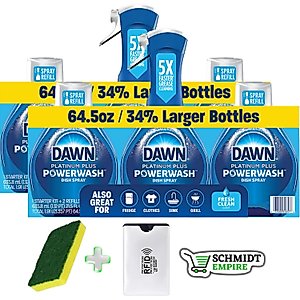 Dawn Platinum Powerwash, Fresh Scent, 1 Starter Kit + 2 Refills + Cleaning Sponge + 1 Card Protector SchmiidtEmpire + Sticker (16oz each - 6 Piece Set - Pack of 2)