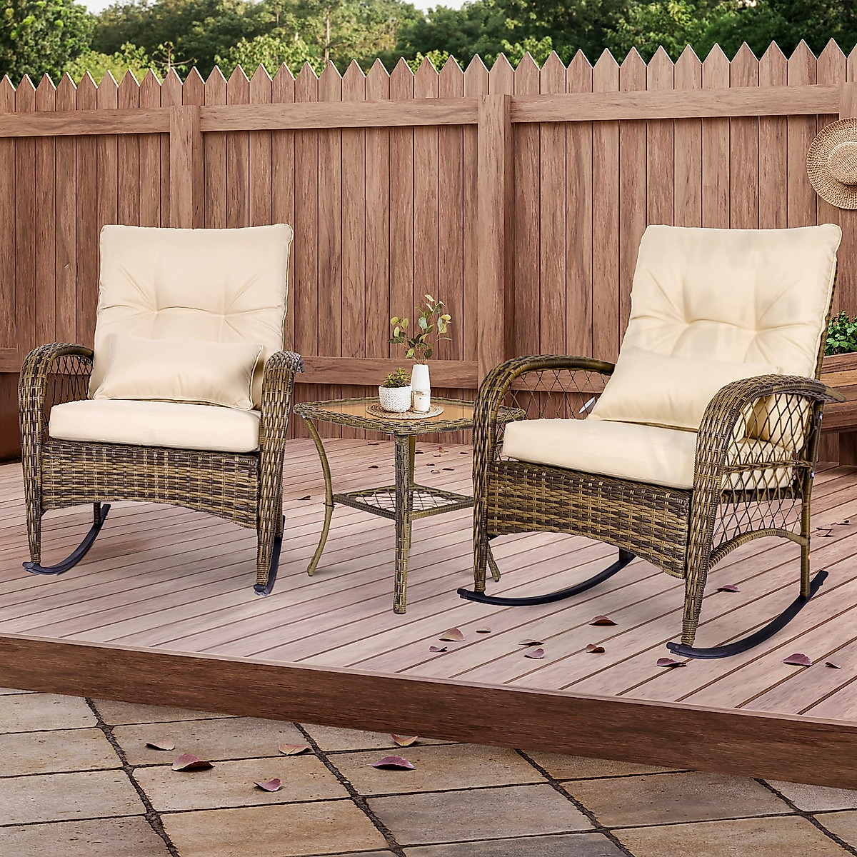 DECMICO Wicker Rocking Chair Set of 2, Patio Conversation Bistro Set, Rattan Outdoor Rocker Chairs with Cushions and Side Table, Wicker Porch Furniture for Backyard, Garden, Beige