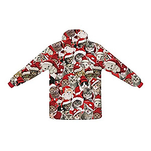 Christmas Cat Sweatshirt Blanket Wearable Hooded Throw Hat Xmas Nap Sherpa Giant Big Pocket Holiday Party Gifts Oversized Sweater Jacket Hoodies For Teens Girls