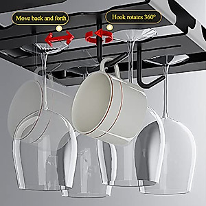 Hanging Wine Glasses Rack Under Cabinet Stemware Storage Hanger 16.54in with 4 Rows Stainless Steel Bar Shelves for Kitchen Restaurant Screw Install,Black,For 1.6 to 3.54 in Base Goblet (HJJ-003)