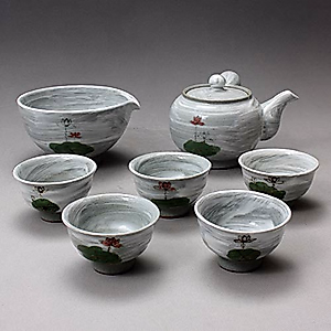Korean Style Buncheong Porcelain Lotus Flower Tea Ceremony Complete Service Gift Set Ceramic Pottery 11.8 oz (350ml) Side Handle Tea Pot Cups Saucers Teapot Pitcher Bowl for Cooling Hot Water