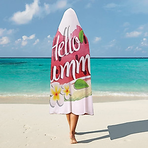 Hooded Blanket Poncho, Watercolor Decor Women Men Hooded Blanket, Hello Summer Motivational Quote with Fresh Watermelon, Soft Warm Cozy, 50 x 60inches, Studying Reading Snuggling Napping Office