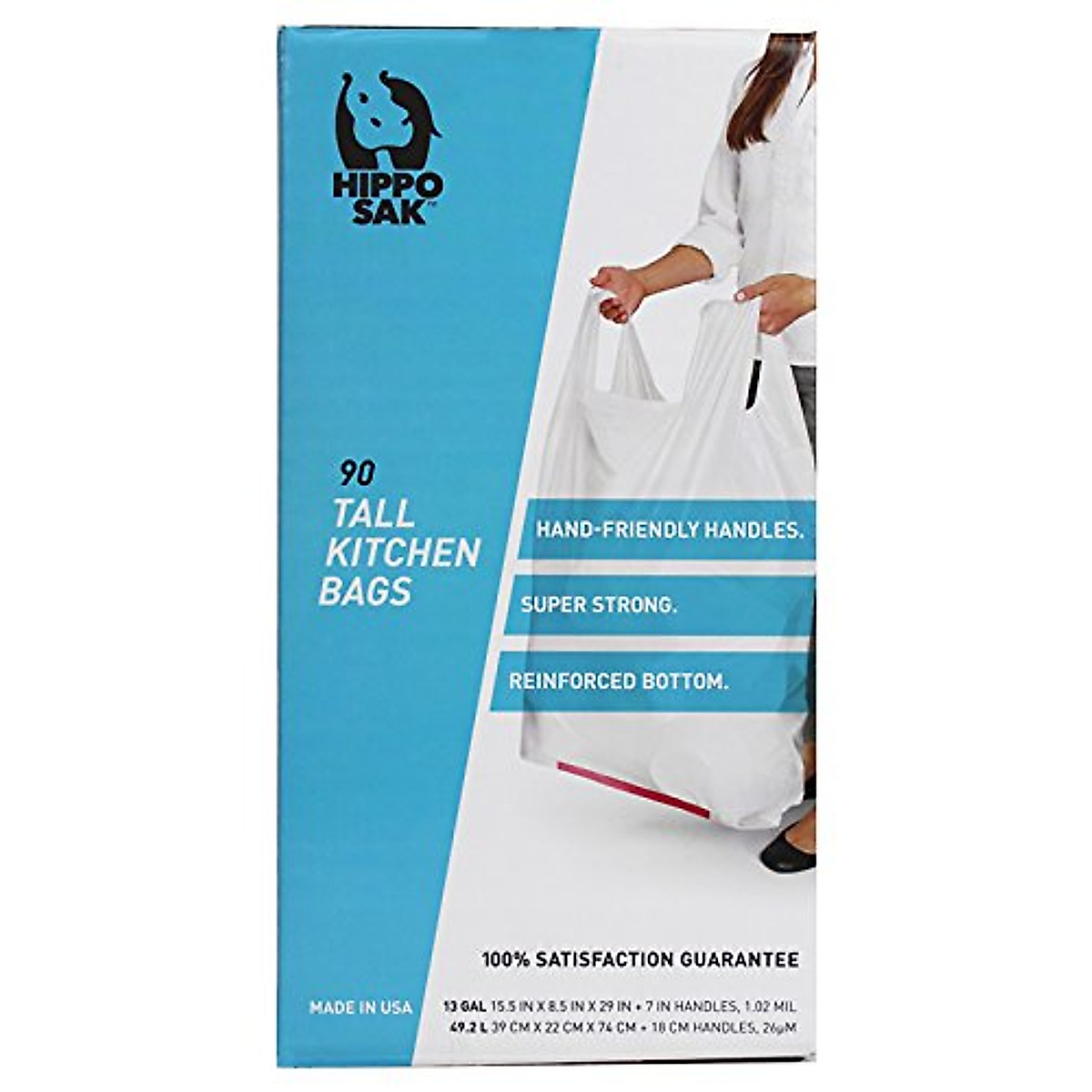 Hippo Sak Handle Trash Bag, with Power Strip, 13 Gallon Tall Kitchen, 90 Count