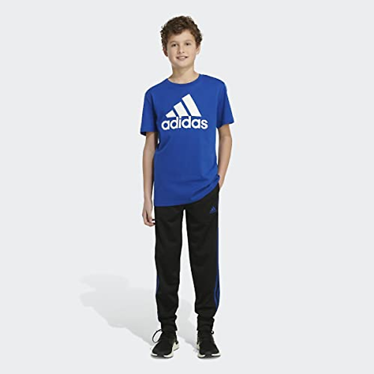 adidas Boys' Iconic Tricot Jogger Pants, Black with Collegiate Royal, Large (14/16)