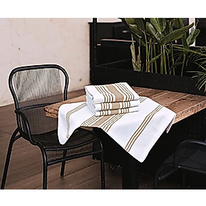 Cotton Dish Towels Set of 6 - Beige & White Tea Towels - Kitchen Dish Towels - Hand Towels with Hanging Loop - Striped Hand Towels, Farmhouse Dish Towels, Linen Bar Towels, (Beige/White, 18 x 28")