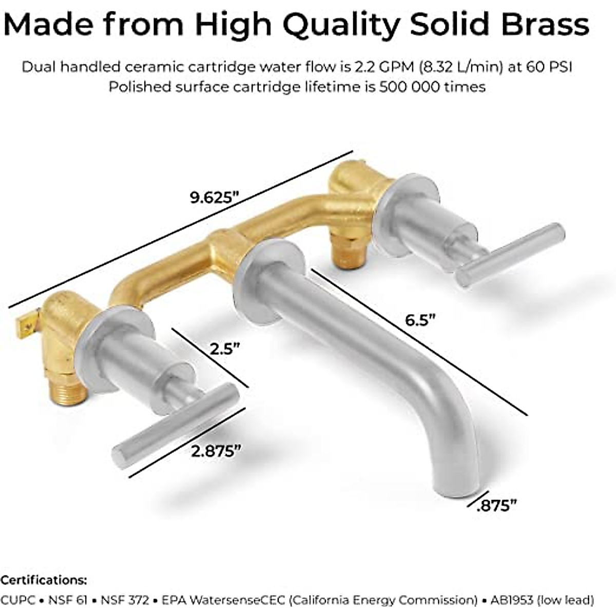 Brasnell Solutions, Brushed Nickel Wall Mounted Tub Faucet - Dual Handle - Brass - Vanity - 3-Hole spout, High Water Pressure - Home Improvement Bathroom DIY