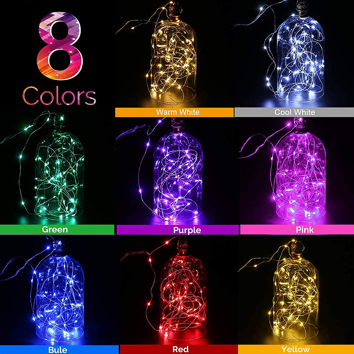 ANGMLN 10 Pack 9.8' 30 LED Battery Operated Fairy Lights Mini Copper Wire Firefly String Lights for DIY Home Solar Diamond Shaped Wine Bottle Cork Lights