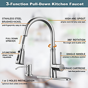 WOWOW Kitchen Faucet with Sprayer,Brushed Nickel Single Handle High Arc Stainless Steel Kitchen Faucet Tap with Pull Down Sprayer for 2 or 4 Hole,Pull Out Kitchen Faucet with Deck Plate & 3 Functions